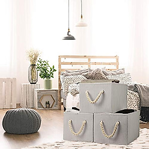Robuy Storage Bin,Cloth Storage Boxes,3-Pack Collapsible Fabric Rectangular Closet Storage Baskets whith Cotton Rope Beige 14.4x10x 8.3 inch