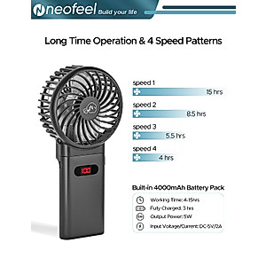 neofeel Portable Handheld Fan, 4000mAh 15hrs Personal Fan with Adjustable Lanyard, 4 Speeds Battery Operated Fan In Rechargeable for Hiking, Travel, Office, School, Camping