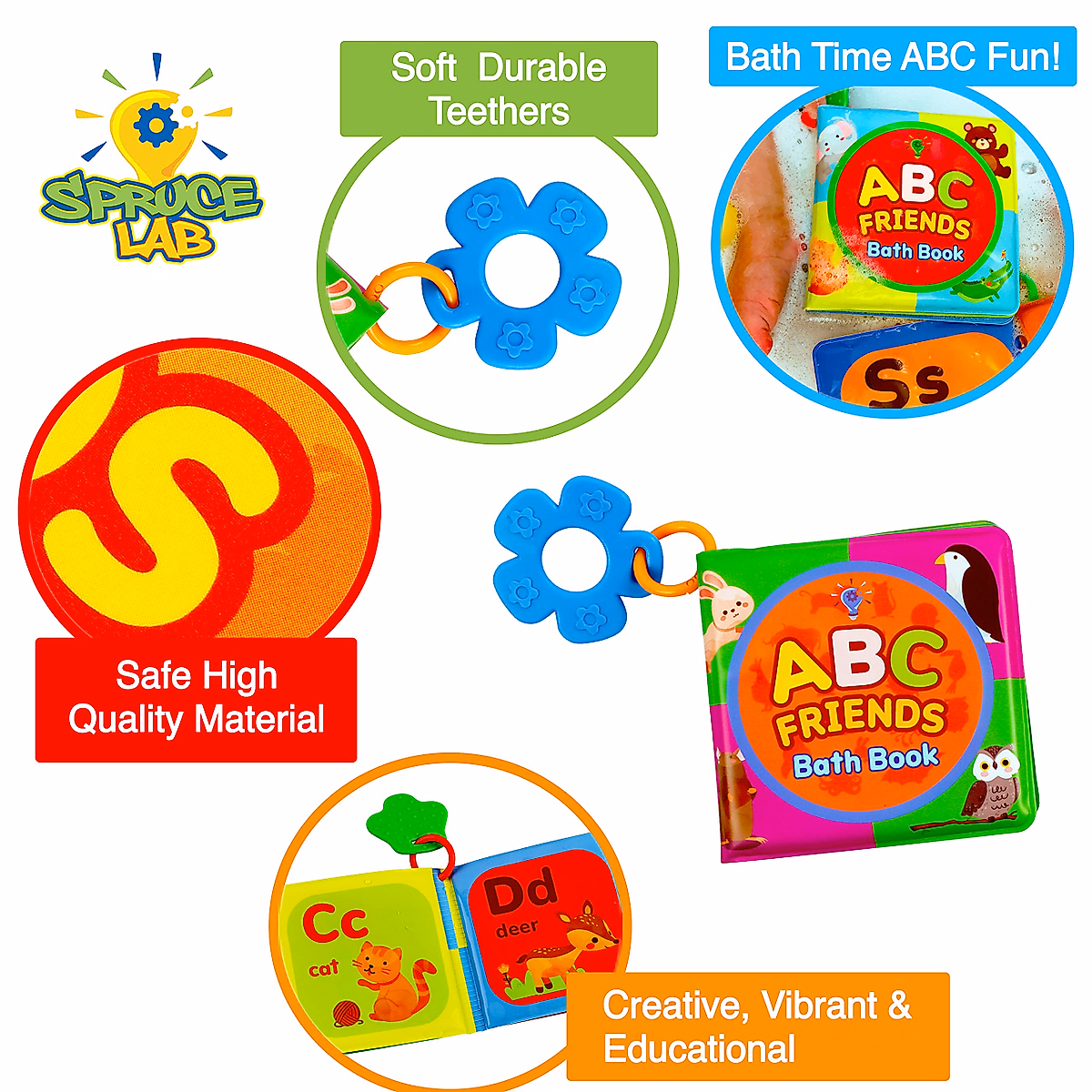 Spruce Lab ABC Friends Magic Color Bath Books - 4 Bath Book Set - Educational Baby Bath Toys - Magic Appearing Animals in Water - Teething Toys for Babies - Boy/Girl Baby Bathtub Books Baby Shower Toy