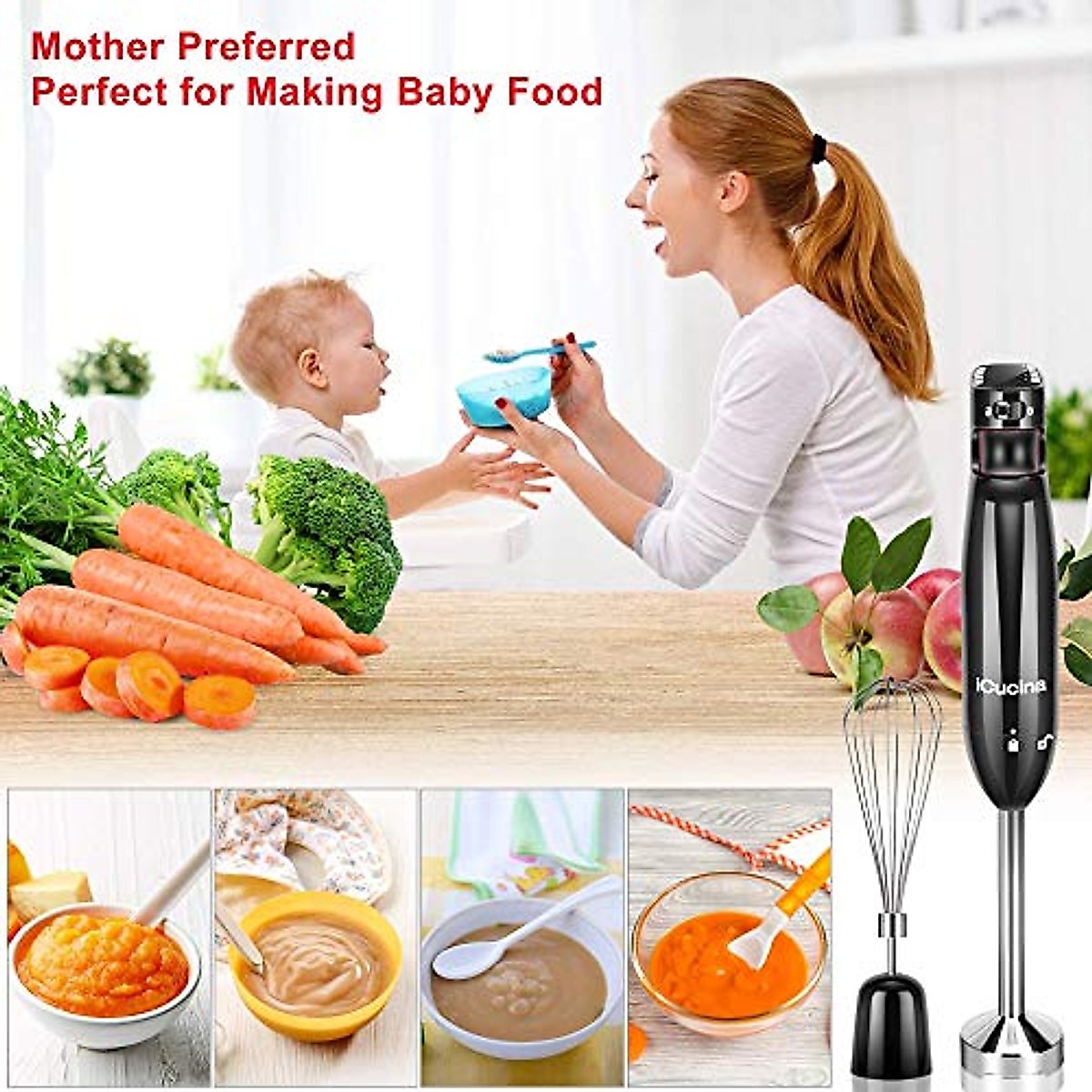 iCucina 4-in-1 Variable Speed Immersion Hand Blender, Powerful 400W DC Motor, One Button Operation Smart Stick Blender with Whisk, Beaker, Chopper attachments, Black