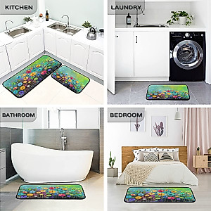 Emelivor Spring Kitchen Rugs and Mats 2 Piece Non Slip Washable Flower Runner Rug Set for Floor Rainbow Kitchen Decor and Accessories