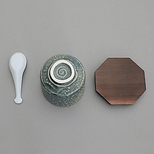 Asayu Japan Ceramic Teal Rice Bowl with Wooden Lid and White Spoon Set, Individual Pottery Bowl Set for Rice, Noodle, Cereal, Porridge, Soba, Ramen, Donburi, Soup