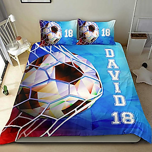 OhaPrints Custom Soccer Blue Geometric Pattern Player Gift Personalized Name Number Duvet Cover & Pillowcase, Lightweight Duvet Protector Comforter Cover, Twin Full Queen King Size Bedding Bed Set
