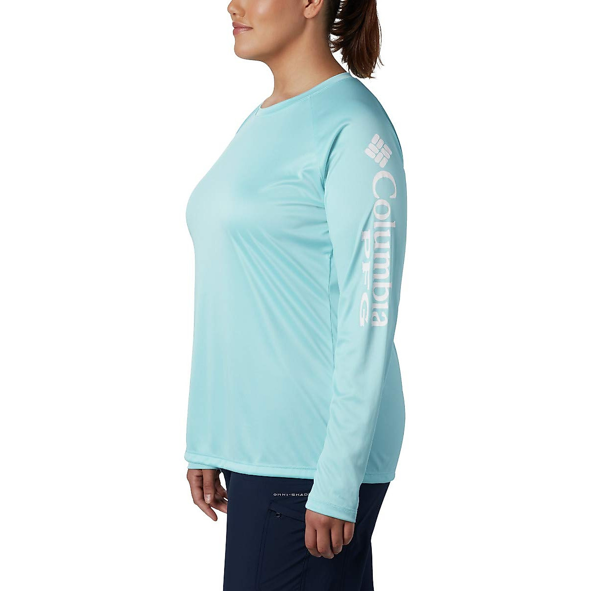 Columbia Womens PFG Tidal Tee II Long Sleeve Sun Protection Shirt, Clear Blue/White Logo, Medium