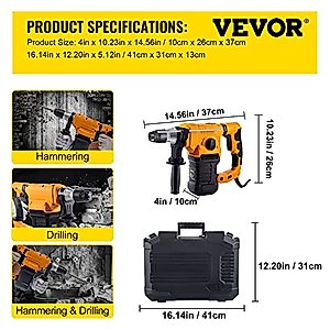 VEVOR Rotary Hammer, 1.26" SDS - Plus Hammer Drill w/ 4 Functions & 360 Degree Rotating Handle, 13A 1500W w/ 6 Step Variable Speed Adjustment 0-850RPM Hammering Machine Includes Chisels, Bits & Case