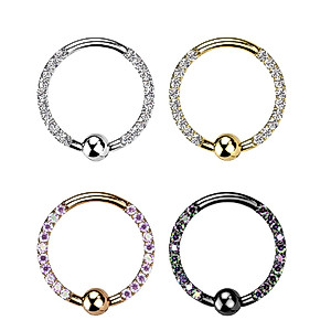 Pierced Owl 16GA G23 Implant Grade Titanium Front Facing CZ Crystal Paved Captive Bead Ring (Black/Vitrail Medium)