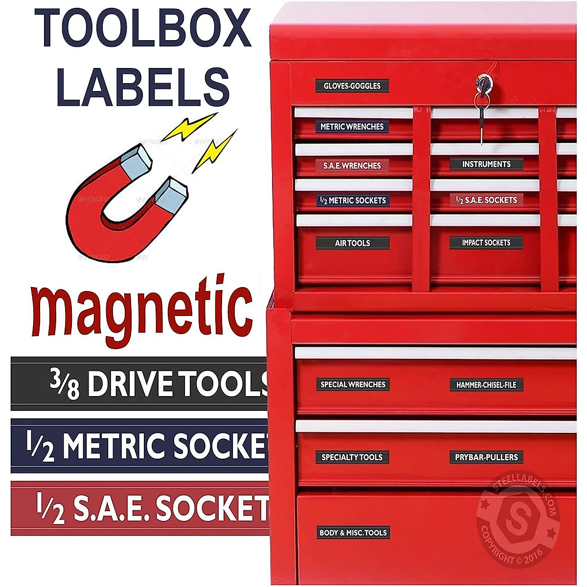 "Magnetic" Tool Box Organizer Labels (Green Edition) Organize Boxes, Drawers & cabinets "Quick & Easy", fits All Brands of 'Steel' Tool Chest Including Craftsman & Snap-on