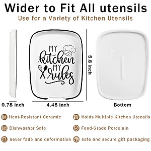 Hvukeke Ceramic Spoon Rest for Kitchen Stove Top Counter, Funny My Kitchen My Rules White Spoon Holders for Chef, Dad, Mom, Friend Cute Kitchen Decor Gift