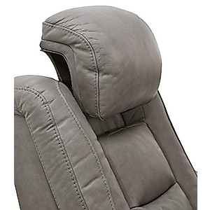 Signature Design by Ashley The Man-Den Leather Power Reclining Sofa, Gray & The Man-Den Leather Power Recliner with Adjustable Headrest & Wireless Charging, Gray