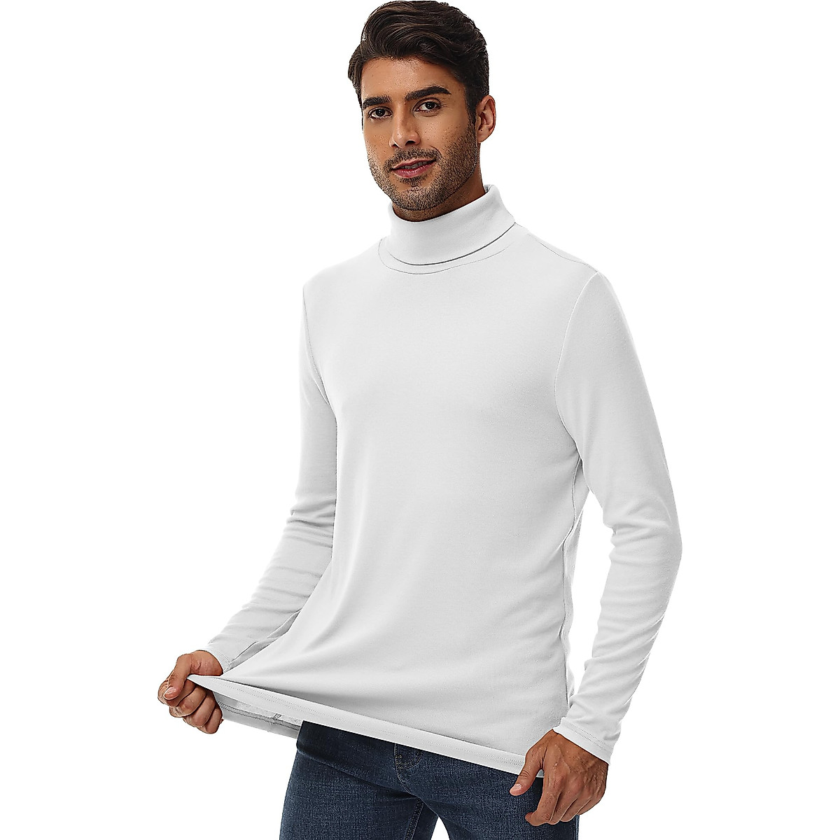 Ficerd 3 Pack Men's Turtleneck Shirts, Long Sleeve Cotton Pullover Sweaters Mock Neck Knitted T Shirt Basic Slim Fit Tee Tops(Black, White, Apricot,Large)