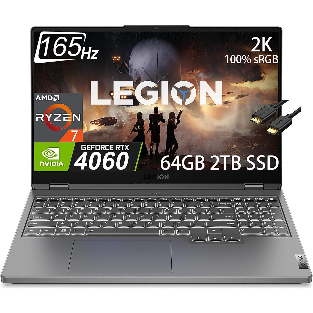 Lenovo Legion 5 Gaming Laptop (15.6" 2K 165Hz, AMD Ryzen 7 7735HS, GeForce RTX 4060 8GB, 64GB DDR5 RAM, 2TB SSD, (8 Core Beat i7-12700H)) Backlit, Wi-Fi 6, IST Cable, Win 11 Home, 2024, Storm Grey