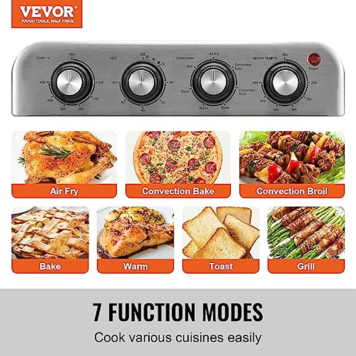VEVOR 7-IN-1 Air Fryer Toaster Oven, 18L Convection Oven, 1700W Stainless Steel Toaster Ovens Countertop Combo with Grill, Pizza Pan, Gloves, 6 Slices Toast, 12-inch Pizza, Home and Commercial Use
