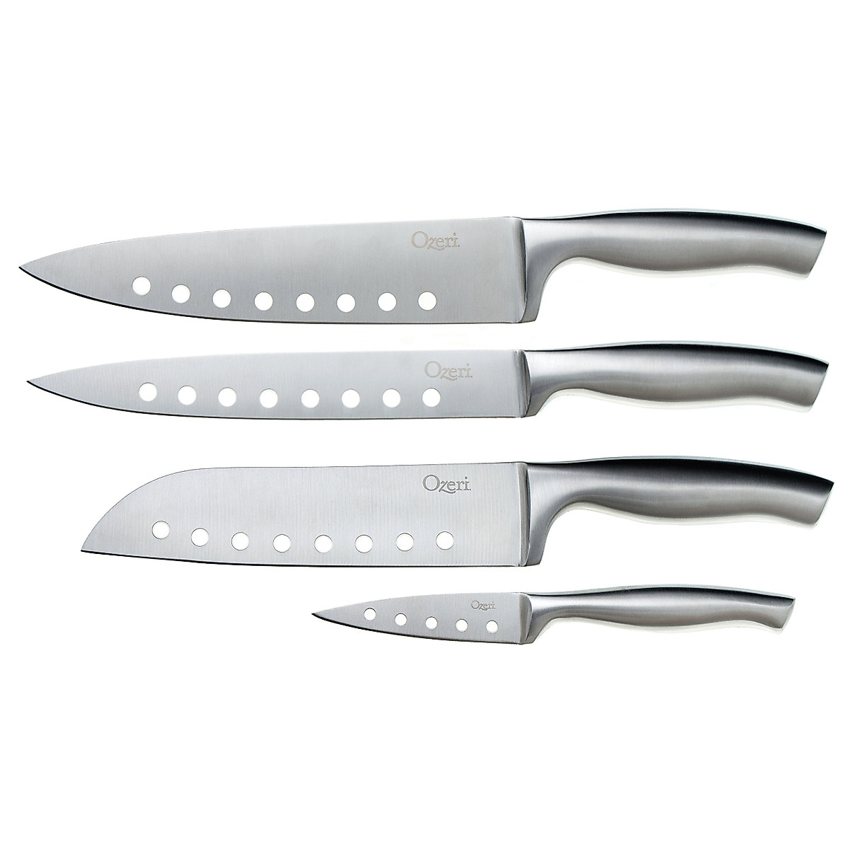 Ozeri 5 Piece Knife and Sharpener Set with Japanese Stainless Steel Slotted Blades, Stainless Steel