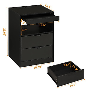 Tiptiper Black Nightstand with Wireless Charging Station and LED Lights, Bedside Table with 2 Drawers, Open Storage, 1 Pull-Out Tray, End Side Table with Charging Station, LED Night Stand with Storage