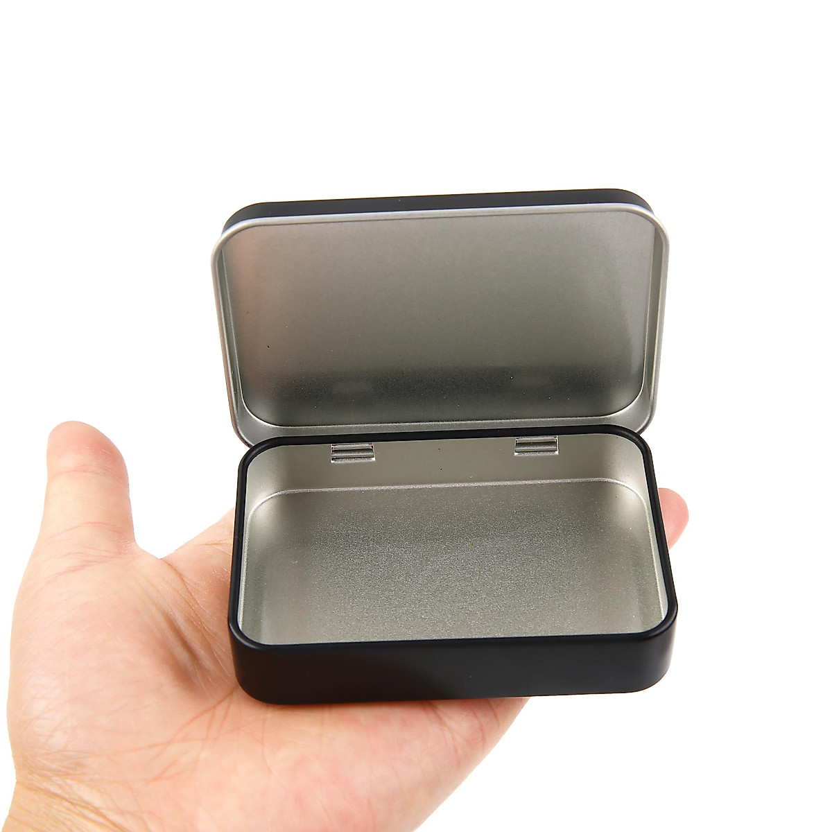 LIGHUFEIC 2 Pcs Metal Rectangular Hinged Tins Metallic Hinge Tin Box,Mini Versatile Home Storage Container Kit with Lid,Ideal for Candies, Jewelry, Crafts & More(Black)