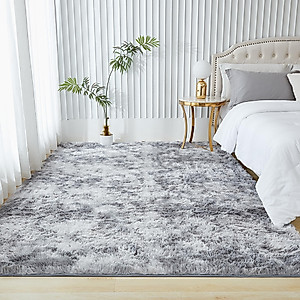 Andency 6x9 Shag Area Rug for Living Room, Tie-Dyed Light Grey Soft Fuzzy Plush Indoor Carpets for Bedroom, Non Skid Fluffy Faux Fur Rug for Nursery Kids Boys Girls Room