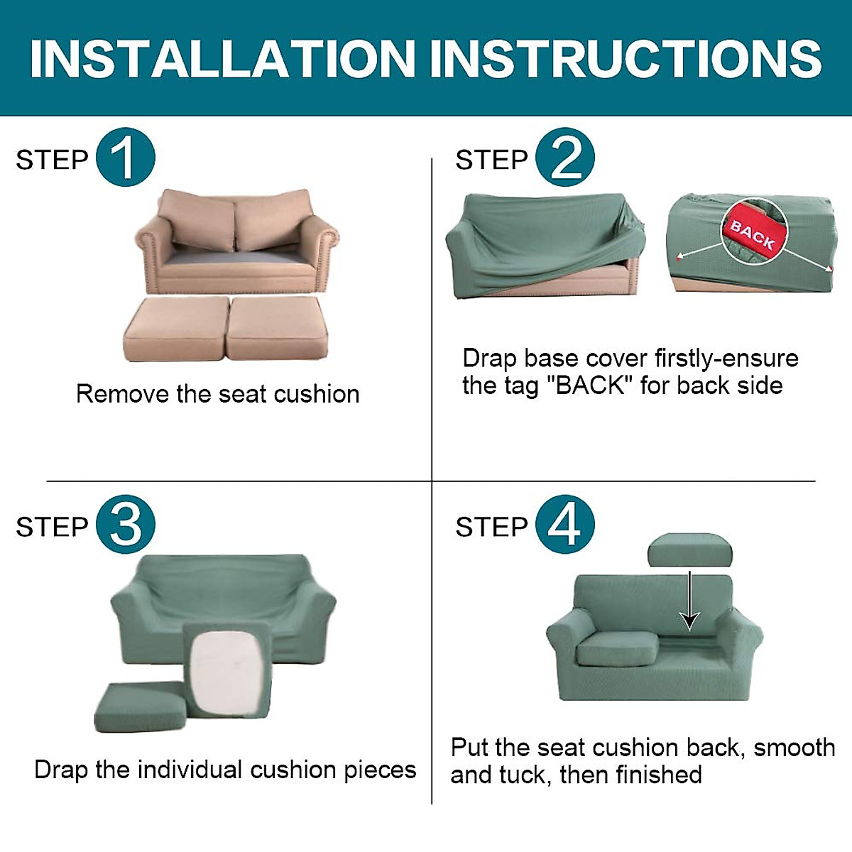 Turquoize 3 Piece Sofa Covers for 2 Cushion Couch Sofa Slipcover Soft Couch Cover for Dogs-Washable Sofa Furniture Covers with 2 Individual Cushion Covers (2 Cushion Sofa, Dark Cyan)