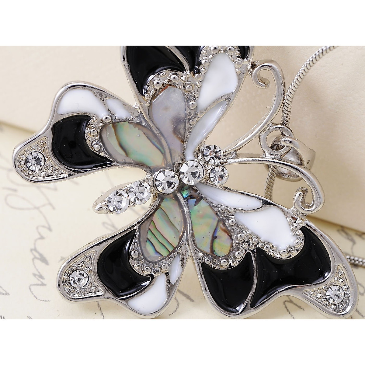 Alilang Silvery Tone Abalone Colored Stones Black White Butterfly Pendant Necklace