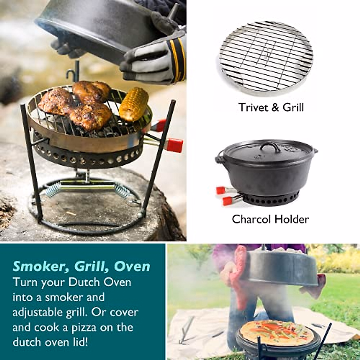 CampMaid Outdoor Cooking Set - Dutch Oven Tools Set - Charcoal Holder & Cast Iron Grill Accessories - Camping Grill Set - Outdoor Cooking Essentials - Camp Kitchen Equipment - (7 Piece Set)