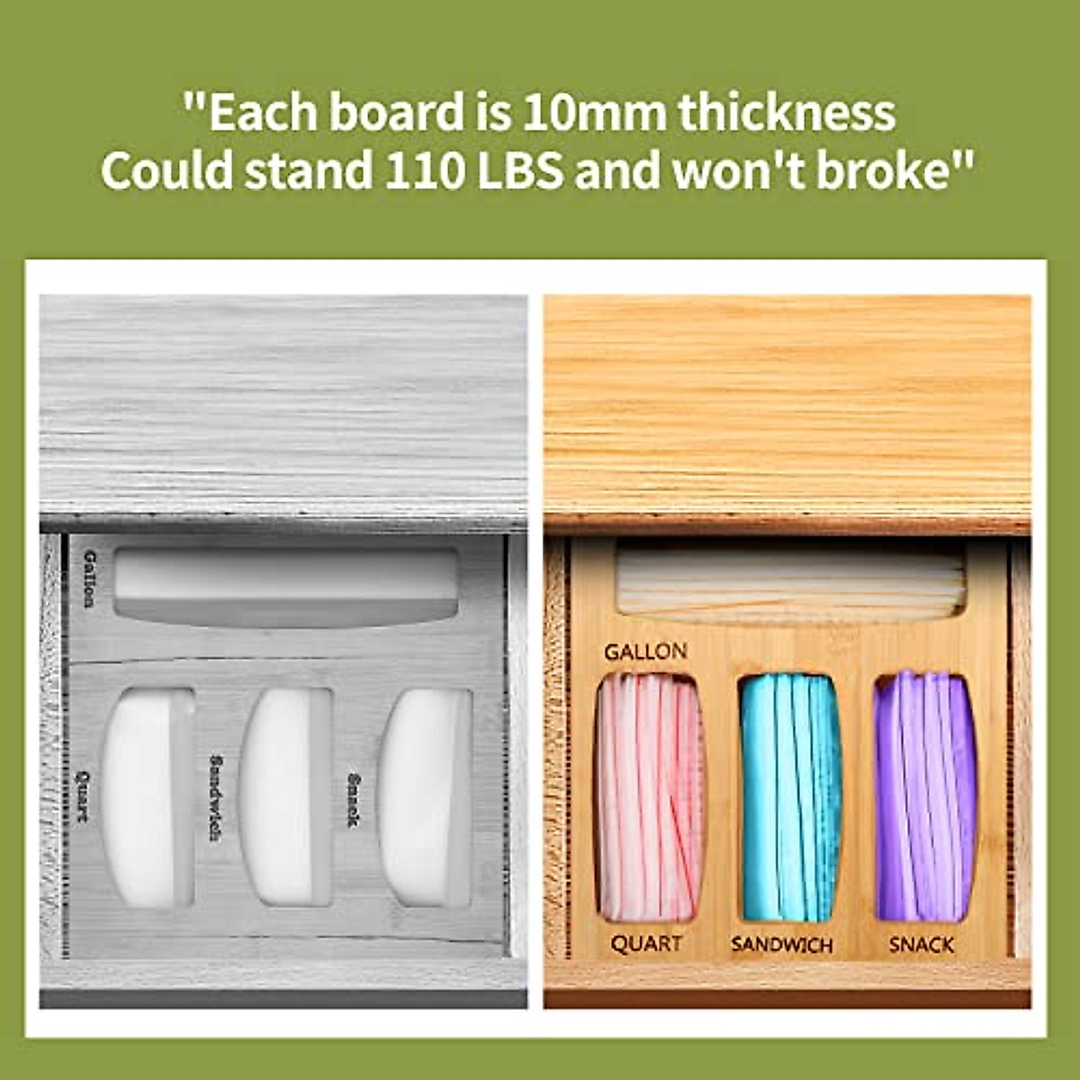 Ziplock Bag Organizer, Plastic Bag Storage, Food Storage Bag Bamboo Holder for Kitchen Drawer, Compatible with Ziplock Gallon, Quart, Sandwich & Snack Variety Size Bag