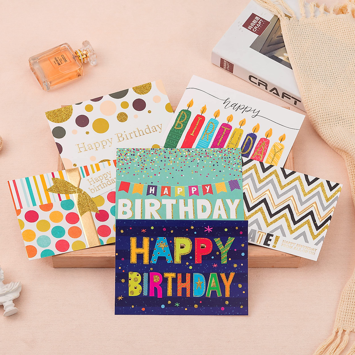 OfficeCastle 6 pcs Gold Foil Birthday Cards - Birthday Greeting Card Set for Women, Men, and Kids, 7”Lx5”H