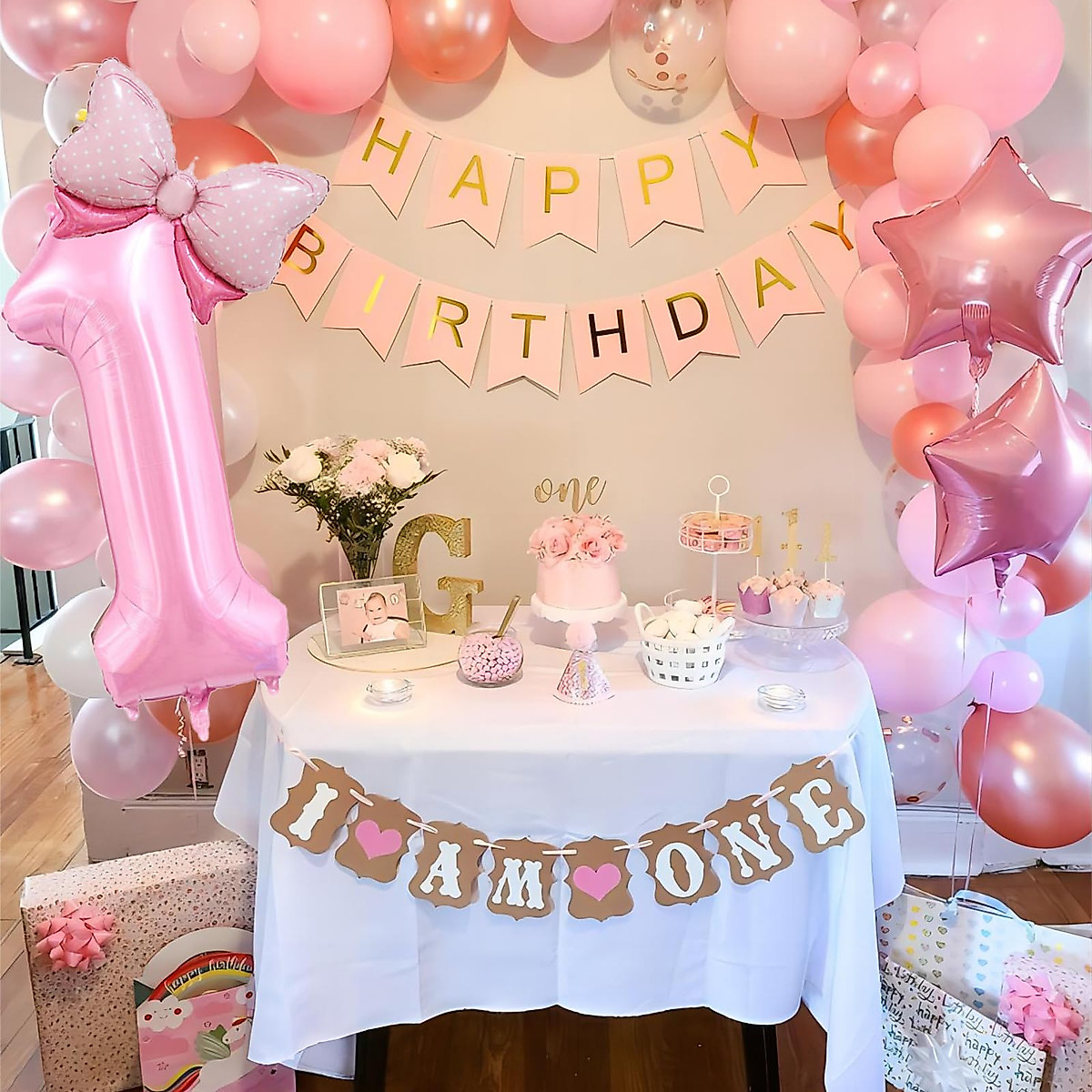 40 inch Number 1 Balloon with Bow Pink Happy Birthday Jumbo Number Balloon for Girls Daughter Birthday Decorations Party Supplies (Number 1)