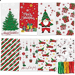 SUPERLELE Christmas Cellophane Bags 168 PCS with 180 PCS Twist Ties 8 Assorted Styles as Gift Box Santa Snowman Pattern Snack Bags for Treat Candy Goodie Christmas Party Supplies