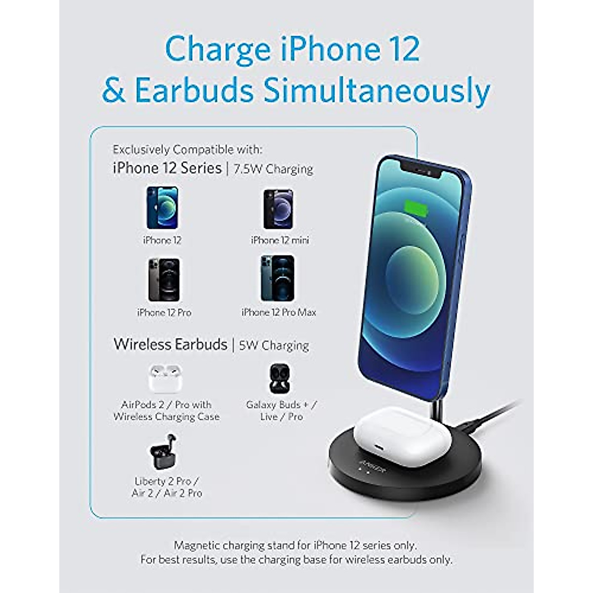 Anker Wireless Charging Stand, PowerWave 2-in-1 Magnetic Stand Lite with USB-C Cable, for iPhone 14/14 Pro/14 Plus/14 Pro Max/13/13 Pro /13 Pro Max, AirPods 2/Pro (No AC Adapter)
