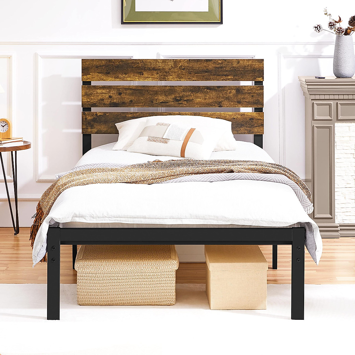 Yaheetech Twin Bed Frames Metal Bed with Modern Rustic Wooden Headboard, No Box Spring Needed/12'' Underbed Storage/Easy Assembly, Brown Twin Bed