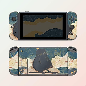 BelugaDesign Fat Cat Switch Skin | Pastel Sticker Wrap Vinyl Decal | Cute Kawaii Animal Leaves Cartoon Full Set Compatible with Nintendo Switch (Switch Standard, Multicolored)