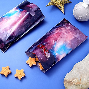 50 Packs Galaxy Party Favor Bags Candy Favor Bags Goodie Bags Galaxy Party Supplies Outer Space Party Favors Treat Bags Starry Plastic Gift Bags for Kids Birthday Party Baby Shower (Purple Galaxy)