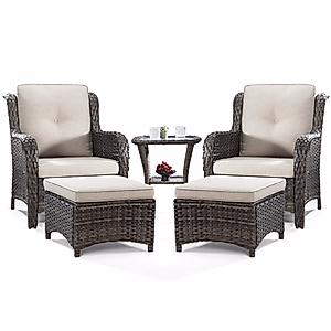 Gardenbee 5 Pieces Patio Conversation Set, Two Wicker Chairs, A Side Table and Two Ottomans with 3.5-inch Seat Cushions for Backyard, Balcony and Deck, Beige