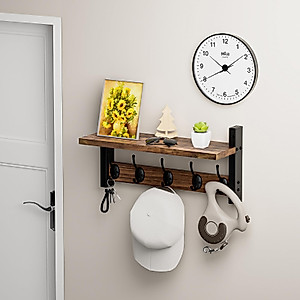 VITVITI Coat Rack Wall Mount with Shelf, Wood Entryway Coat Hanger with 5 Metal Hooks, Farmhouse Hat Coat Rack for Wall Living Room/Bathroom/Kitchen, Rustic Brwon