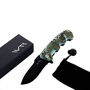 BGT Folding Pocket Knife 3.4 Inch Black Blade and Lightweight G10 Handle Survival Tool Knives Carry Velvet Bag, Sharpener (Camo)