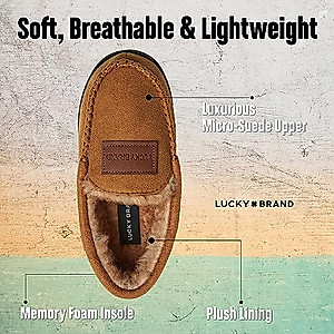 Lucky Brand Boy's Micro Suede Fuzzy Lined Moccasin Slippers for Kids, Tan, Size 6