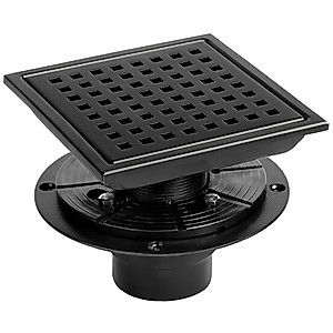 Wuhe 6-Inch Square Shower Drain with Flange,SUS304 Stainless Steel Shower Floor Drain with Removable Strainers and Cover Grid Grate,ABS Shower Drain Base and Rubber Threaded Adapter,Matte Black