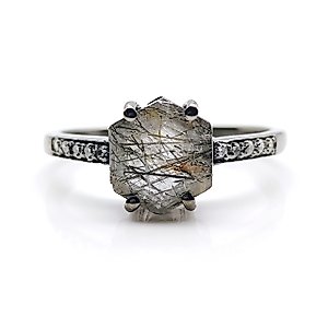 Rings For Women Natural Black Rutilated Quartz Ring, Salt And Pepper Diamond Ring, Hexagon Cut Black Quartz Ring Beautiful Gift Wedding Ring BY FOREVER GEMS & JEWELS, Rose Gold,White,Silver