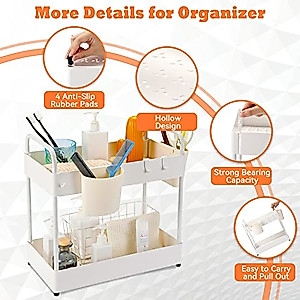 Kitchen Storage, Under Sink Organizer, NAYAHOSE 2 Tier Bathroom Storage Organizer Countertop with 4 Hanging Cups, 2 Handles, Under Cabinet Storage Tray Organize Holder, Makeups, Spices（white）