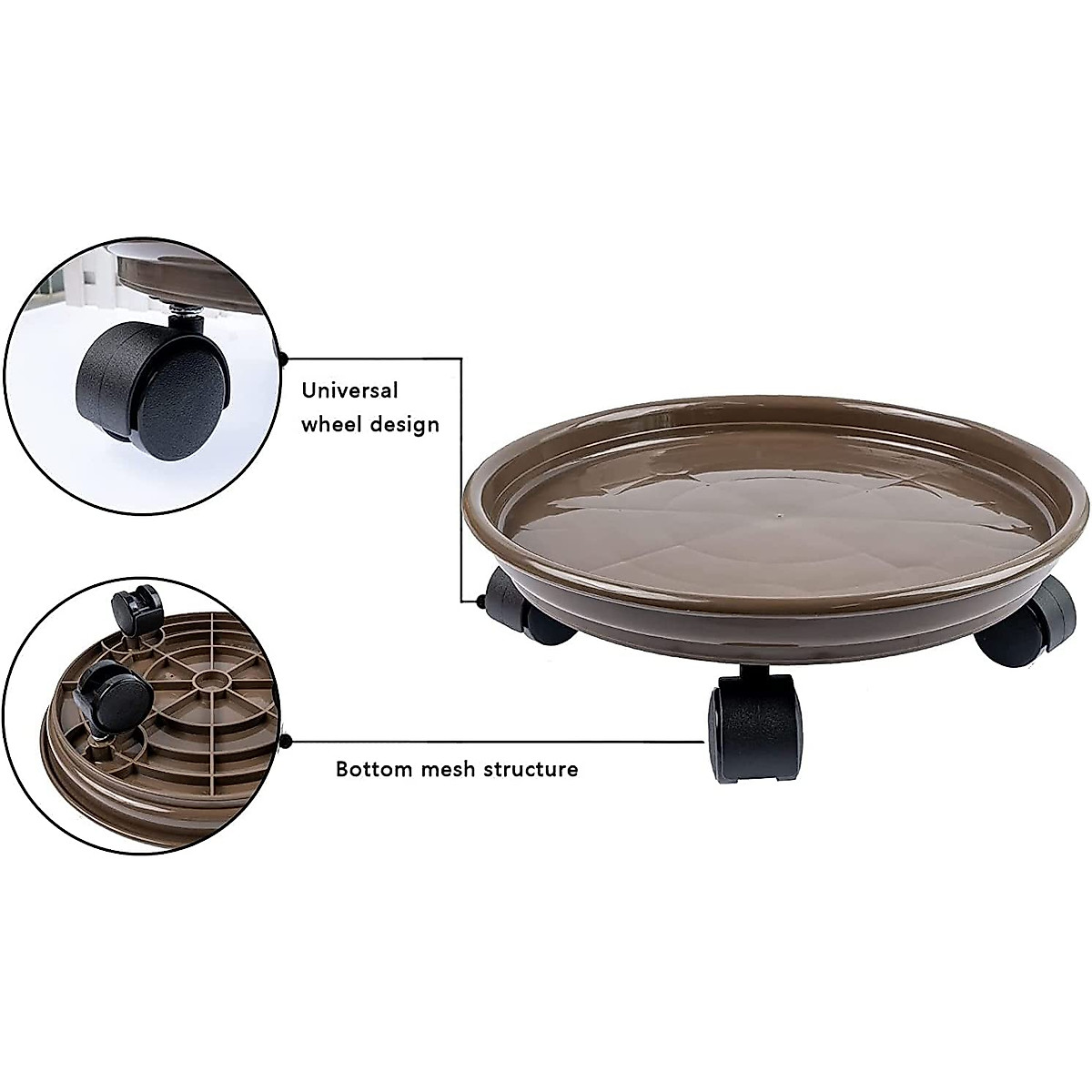 2Pcs Plant Caddy,Planter Pot Mover, Plant Pot Pallet Dolly Caster with Universal Wheels, Round Movable Planter Dolly Trolley Tray Pallet Outdoor Indoor Tree Flower Stand Planter (11.8 inch+2pcs+brown)