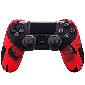 YoRHa Silicone Half Extra Thick Cover Skin Case for Sony PS4/slim/Pro Dualshock 4 Controller x 1(Camouflage red) with Pro Thumb Grips x 8