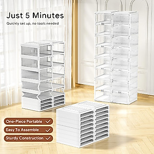 BINSIO Shoe Organizer, Portable Shoes Rack for Closet, Shoe Storage Boxes, Foldable Shoe Cabinet for Entryway, Easy Assemble Plastic Stackable Sneaker Bins with Magnetic Clear Doors, 8 Tiers 16 Pairs