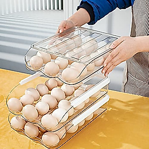 Rubtlamp Clear Egg Holder for Refrigerator，Plastic Rolling Egg Storage Container for Fridge with Lid，3 Drawers Stackable Egg Fresh Storage Box，54 Capacity Egg Storage Bin for Kitchen