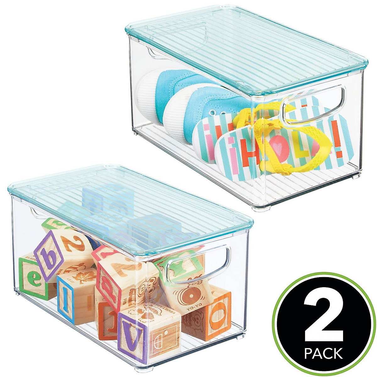 mDesign Plastic Baby Storage Bin Box Organizer Container with Lid/Handles for Organizing Playroom, Nursery, Dresser - Holds Diapers, Baby Clothes, Wipes, Toys, Ligne Collection, 2 Pack, Clear/Blue