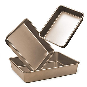 SuperMa 3 Pack Deep Baking Pans Set Nonstick Rectangular Cookie Sheets 9 11 13 Inch Baking Sheets for Baking Bread, Toaster Bakeware Gold
