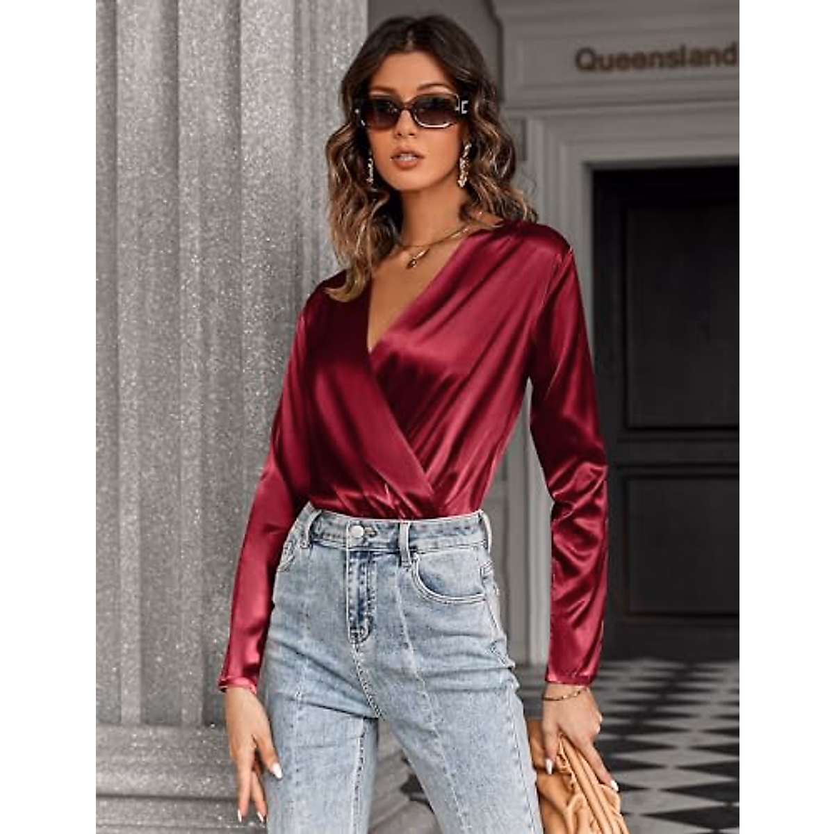 Chigant Body Suits Women Clothing Satin Long Sleeve Bodysuit for Women Leotard Blouse