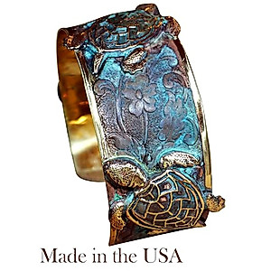 Elaine Coyne Jewelry | Sea Turtle Bracelet for Women, Adjustable Brass Cuff Bracelet for Women, Artisan Classic Jewelry Turtle Cuff/Arm Cuff Made of Verdigris Patina Brass | Elaine Coyne Cuff Bracelet