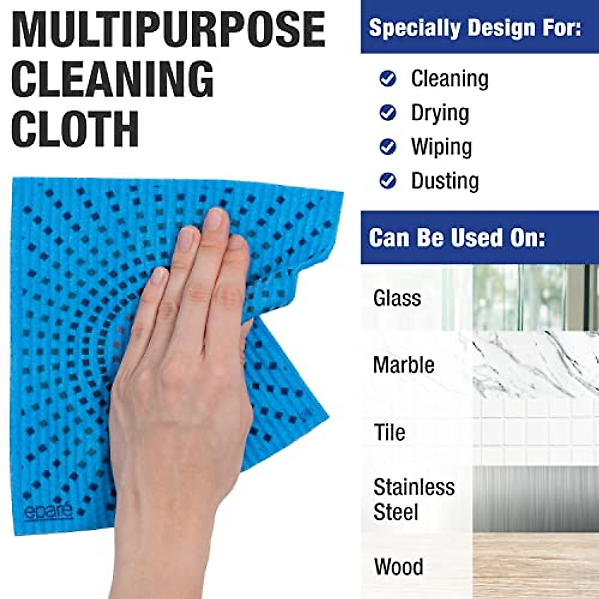 Eparé Swedish Dish Cloths & Cellulose Sponge Cloth - 8 Pack Blue Reusable Dish Cloth - Disposable Dish Cloths for Washing Dishes - Washable Swedish Dish Clothes - Sponge Cloths Kitchen Reusable