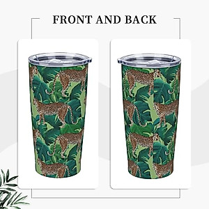 20oz Tumbler Leopard Palm Tree Leaves Double Wall Vacuum Insulated Coffee Mug with Lid and Metal Straw Brush Reusable Stainless Steel Water Bottle Travel Cup Gifts for Car Ice Drinks Hot Beverage