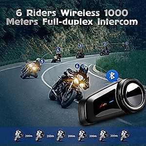 QSPORTPEAK Motorcycle Helmet Bluetooth Intercom Headset Communication Systems Kit, M2 Full Duplex 6 Riders Group Helmet Intercom/FM Radio/Voice Prompt/MP3/GPS Connective/Range 1000m/IP67 Waterproof