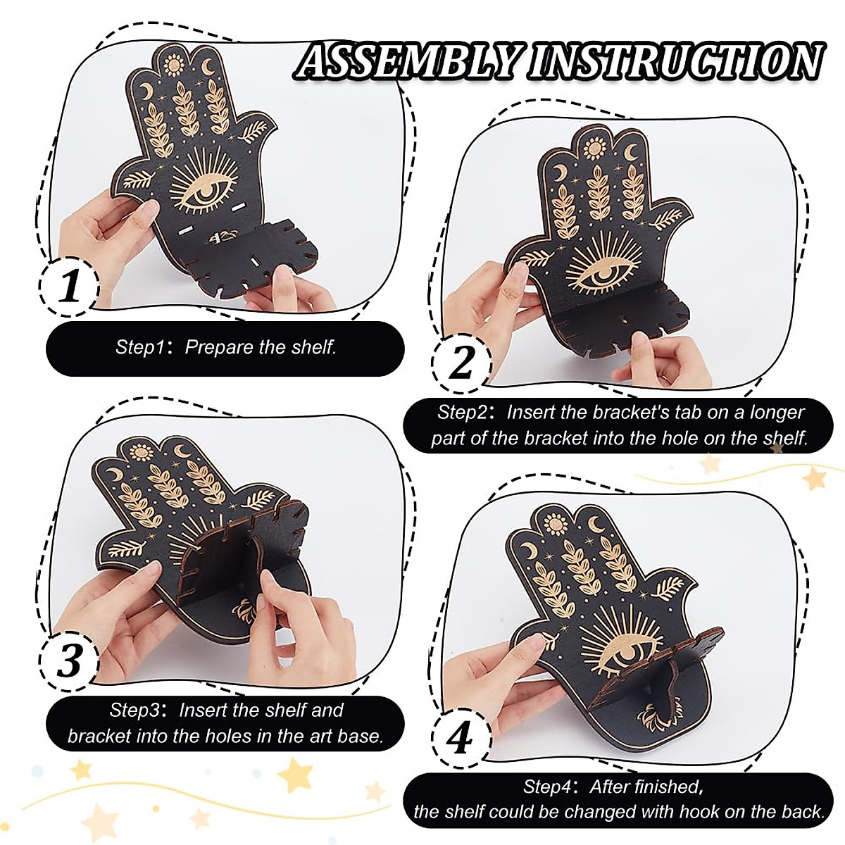 CRASPIRE 2 Sets Small Crystal Shelf Black Hamsa Hand Wooden Display Shelf Holder Evil Eye Magical Witch Stuff Boho Rustic Altar Divination Pendulum Storage Rack for Essential Oil Decor